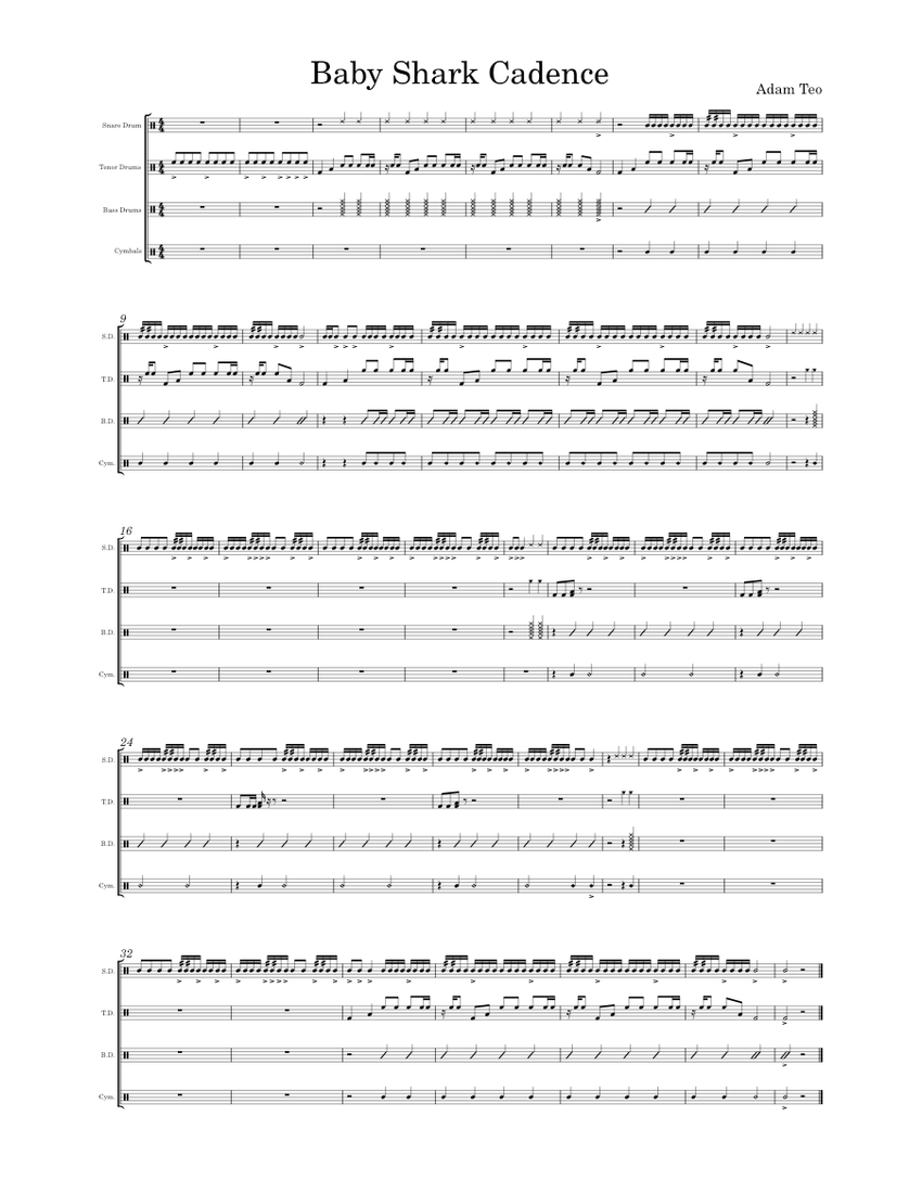 Baby Shark Cadence Sheet Music for Snare drum, Crash, Tenor drum, Bass ...