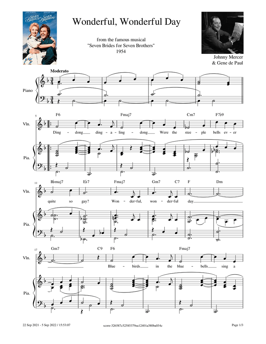 Wonderful, Wonderful Day – Gene de Paul Sheet Music with Chords for ...