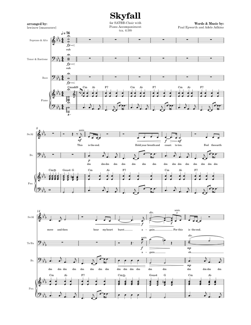 Skyfall (Adele) - SATBB with Piano Sheet music for Piano, Vocals ...