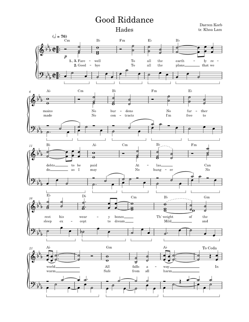 Good Riddance – Darren Korb - Hades Sheet Music with Chords for Piano ...