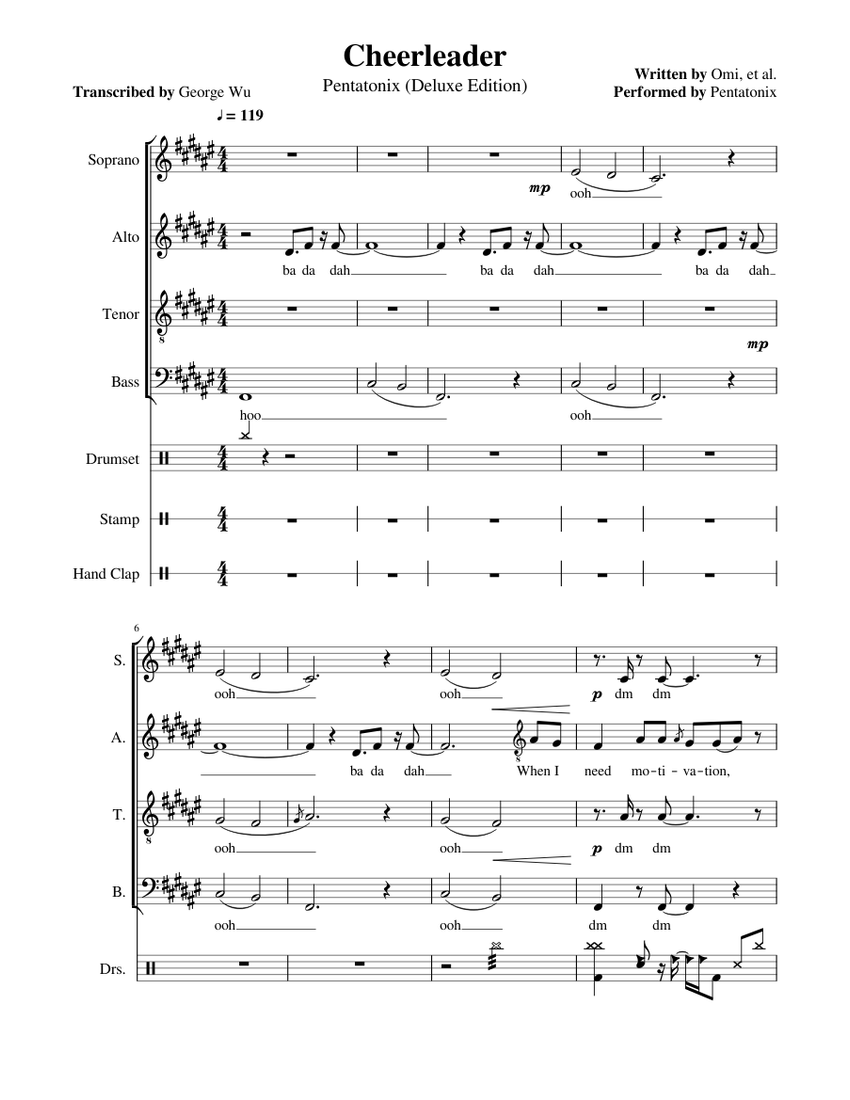 Cheerleader - Pentatonix (Full Sheet Music w/ Lyrics) Sheet Music for ...