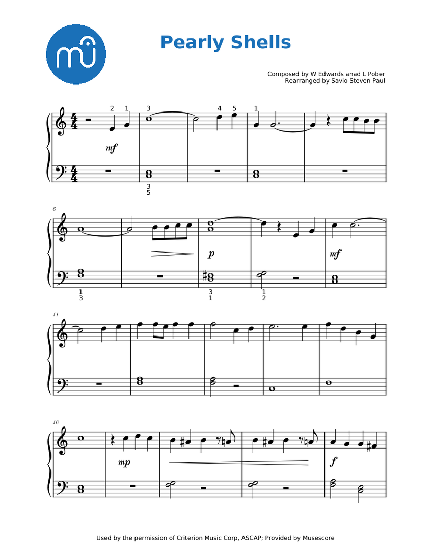 Pearly shells – Don Ho - Whitehatjr Sheet Music for Piano (Solo) Easy ...