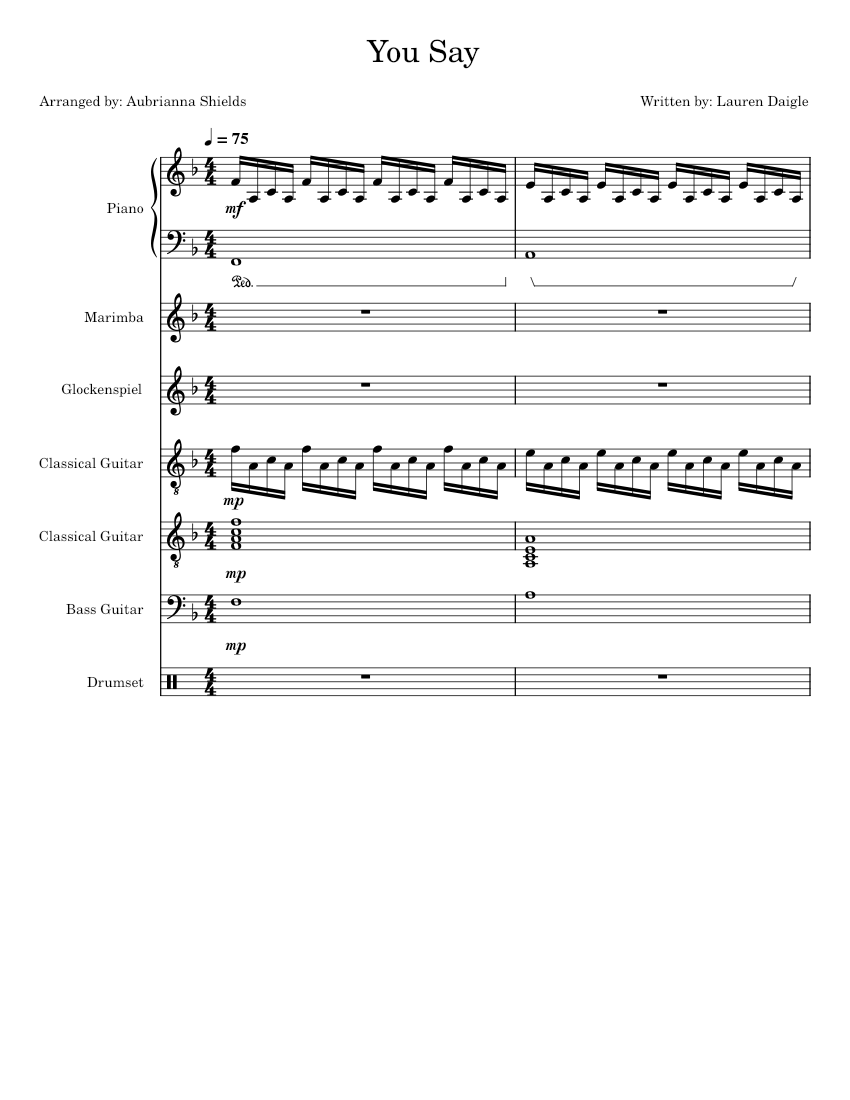 You Say – Lauren Daigle Sheet Music for Piano, Glockenspiel, Guitar ...