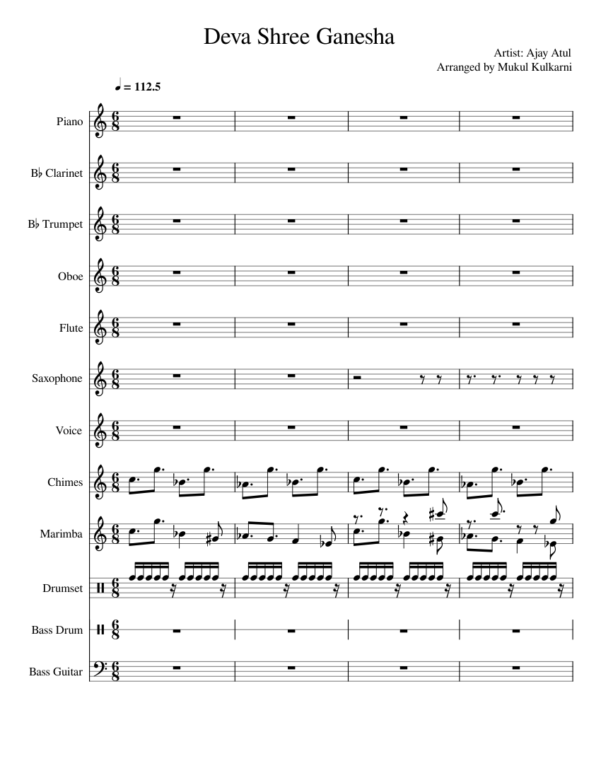 Deva_Shree_Ganesha Sheet Music for Piano, Flute, Oboe, Clarinet in b ...