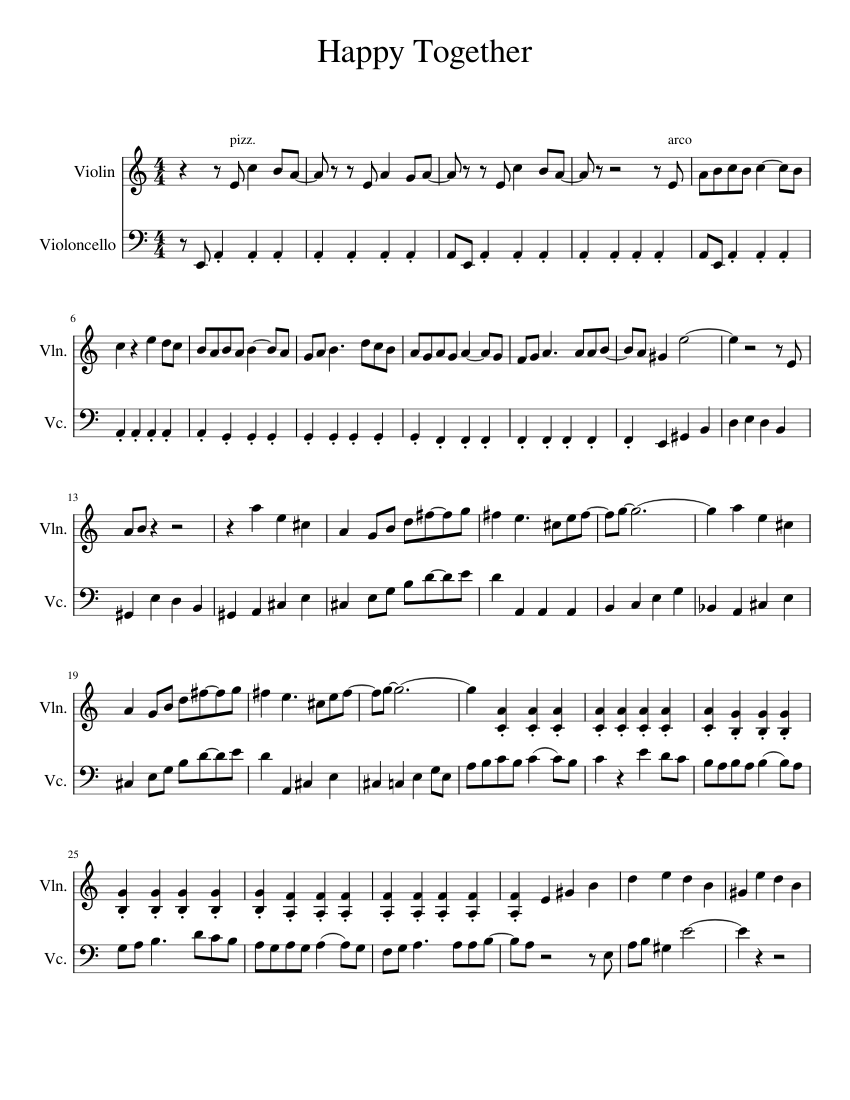 Happy together – The Turtles Sheet Music for Violin, Cello (String Duet ...