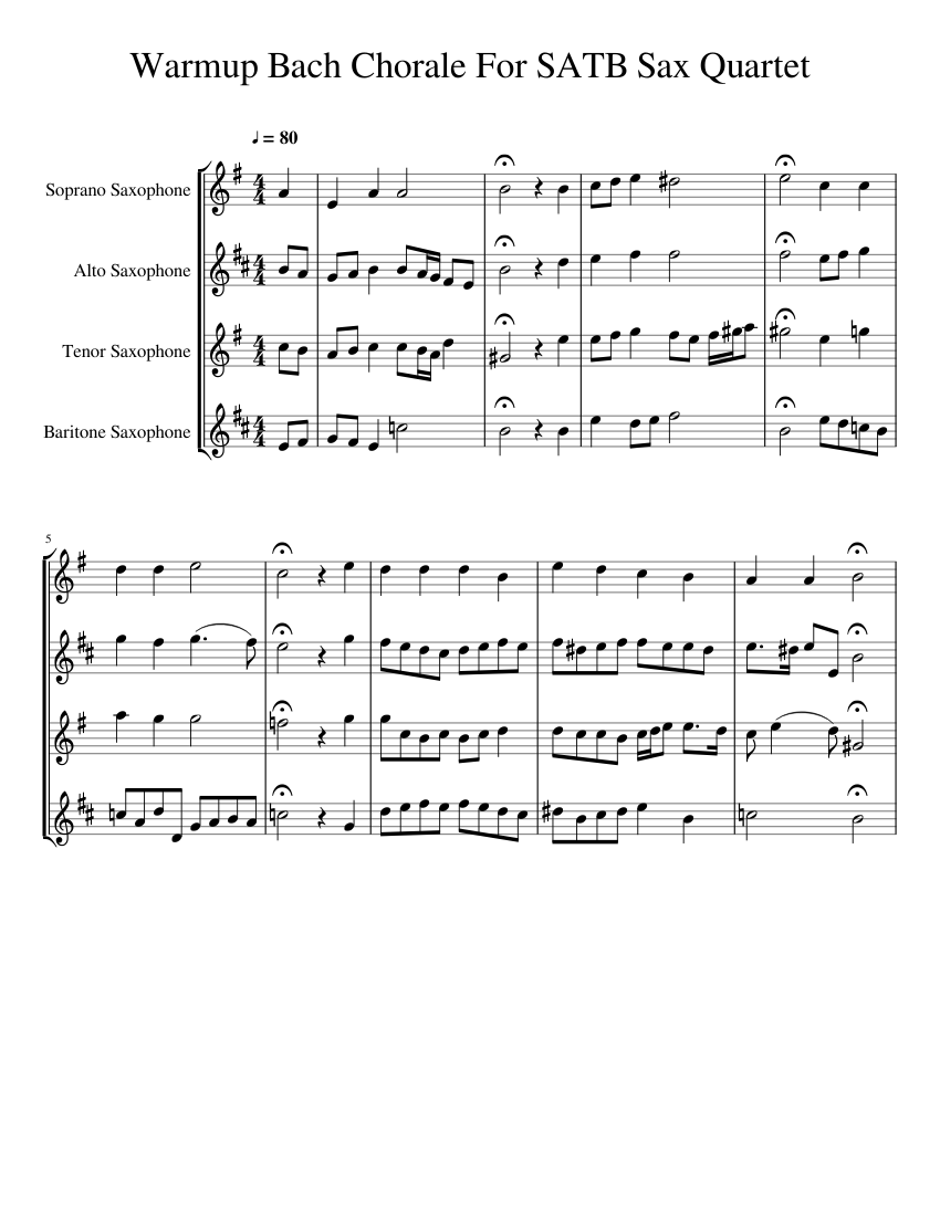 Warmup Bach Chorale For SATB Sax Quartet Sheet Music for Saxophone alto ...