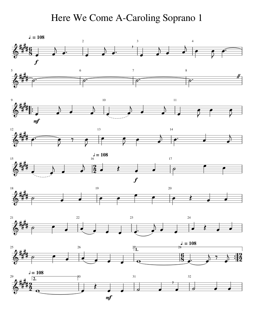 Here We Come A Caroling Soprano 1 Sheet Music for Piano (Solo) easy ...