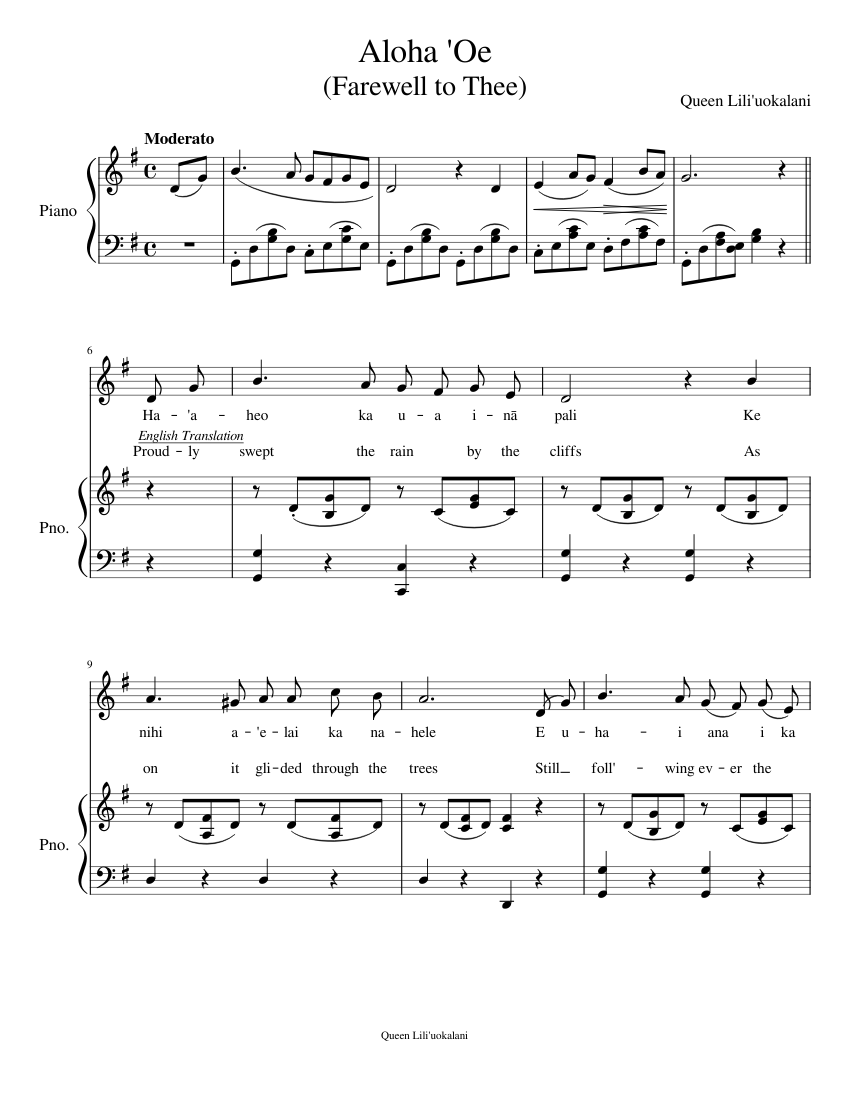 Aloha 'Oe Sheet music for Piano, Soprano, Alto, Tenor & more ...