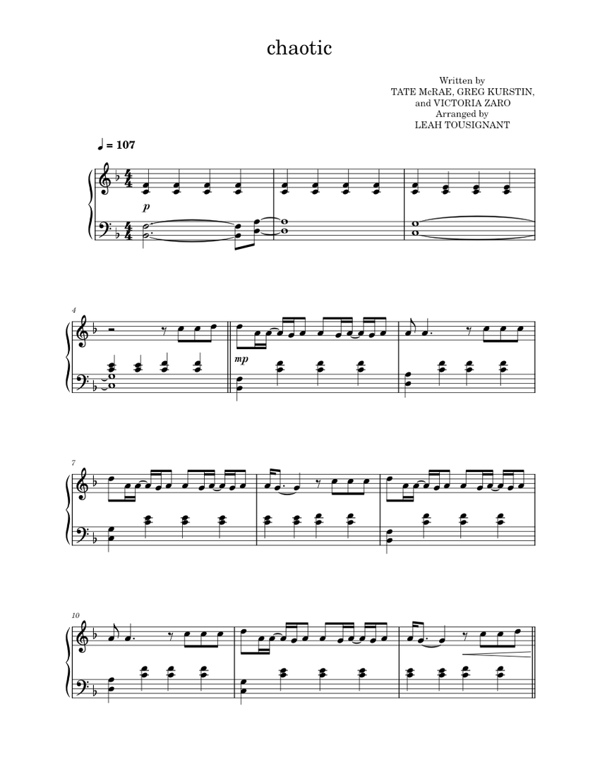 Chaotic – Tate McRae (Sample) Sheet Music for Piano (Solo) Easy ...