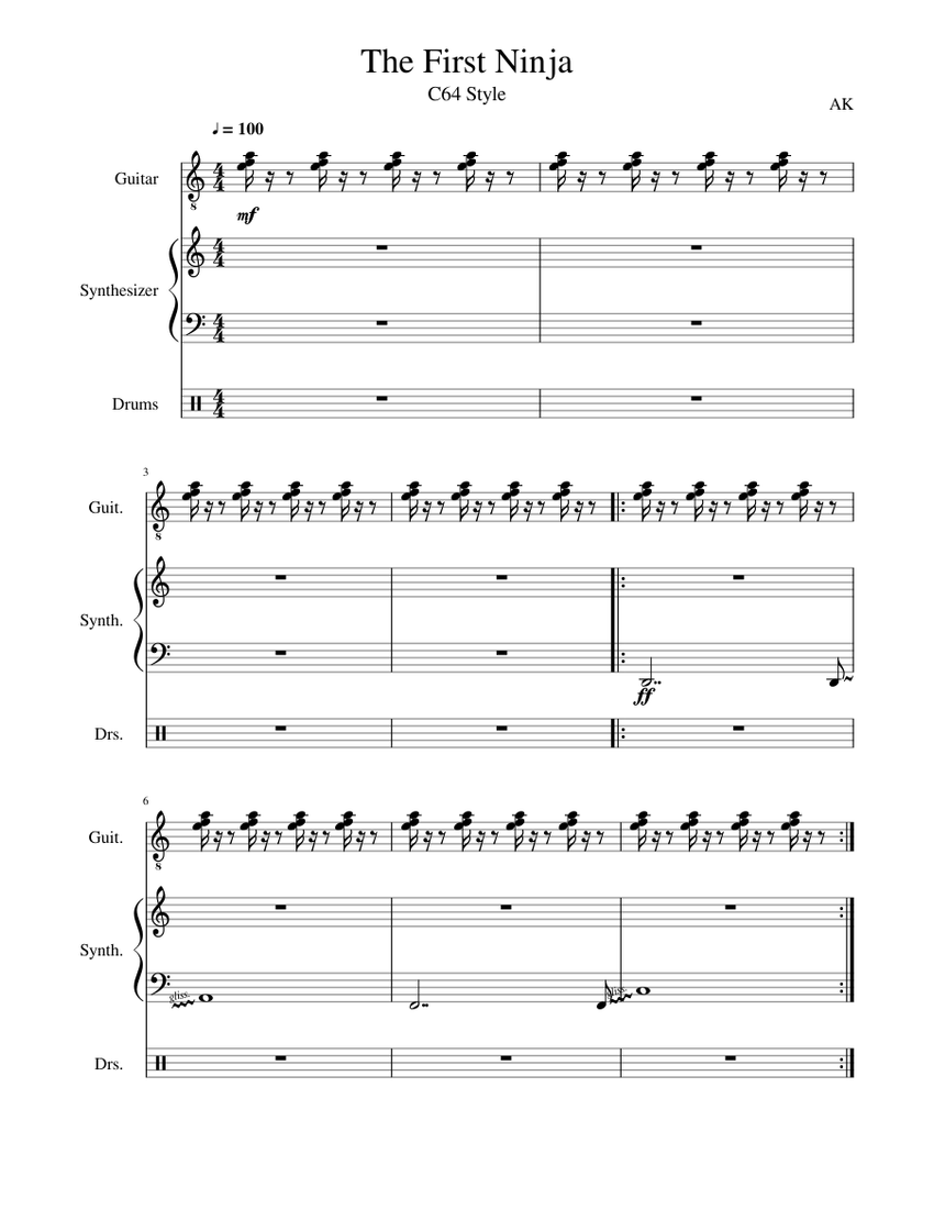 The First Ninja Sheet music for Guitar, Drum group, Synthesizer (Mixed ...