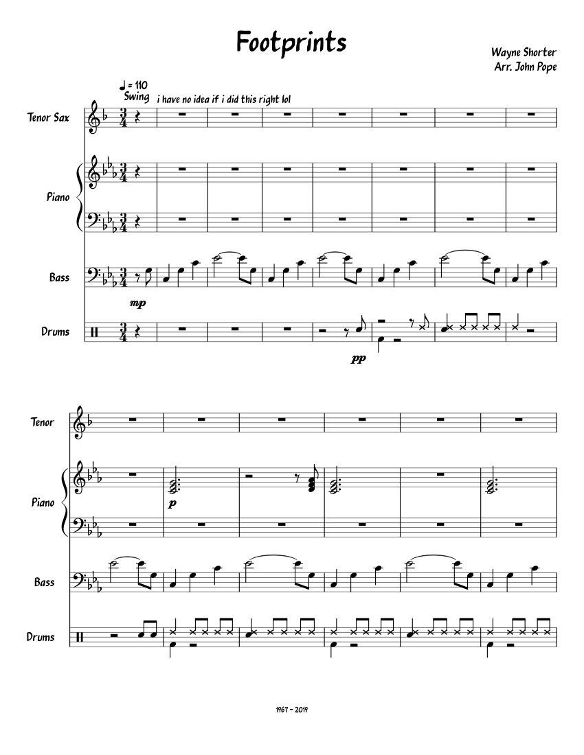 Footprints Sheet Music for Piano, Saxophone tenor, Bass guitar, Drum ...