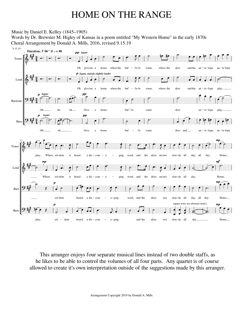 HOME ON THE RANGE Sheet Music for Tenor, Bass voice, Baritone (Choral ...