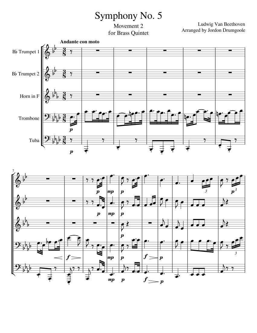 Symphony No. 5 (2nd movement) for Brass Quintet Sheet Music for Trombone, Tuba, Trumpet in b ...