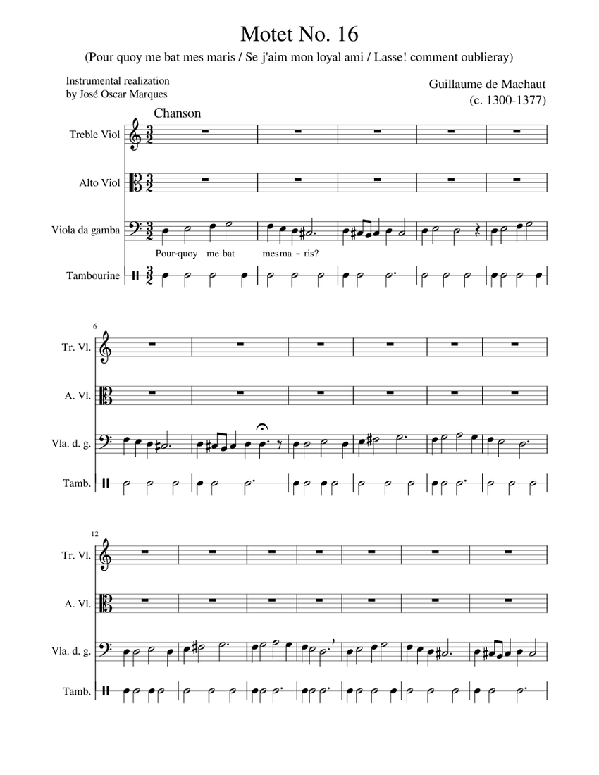 Machaut: Motet 'Pour quoy me bat mes maris?' Sheet music for Tambourine ...