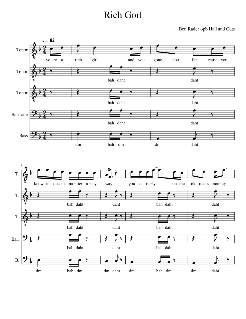 Rich Girl (Original Key) Sheet Music for Tenor, Bass voice, Baritone ...