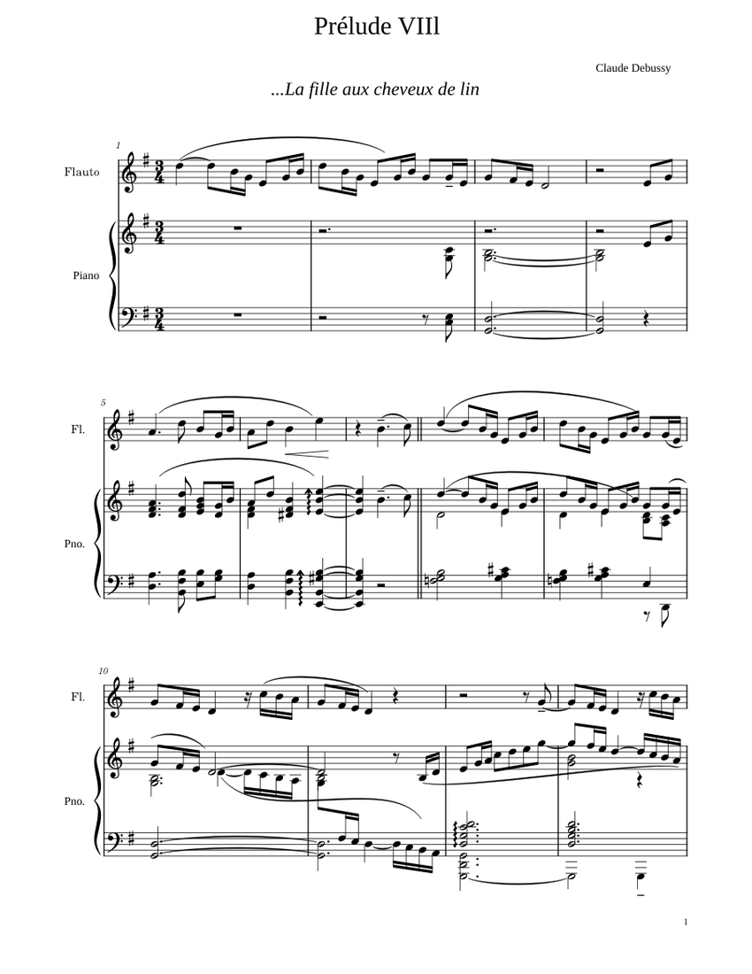 La fille aux cheveux de lin Sheet Music for Piano, Flute (Solo ...