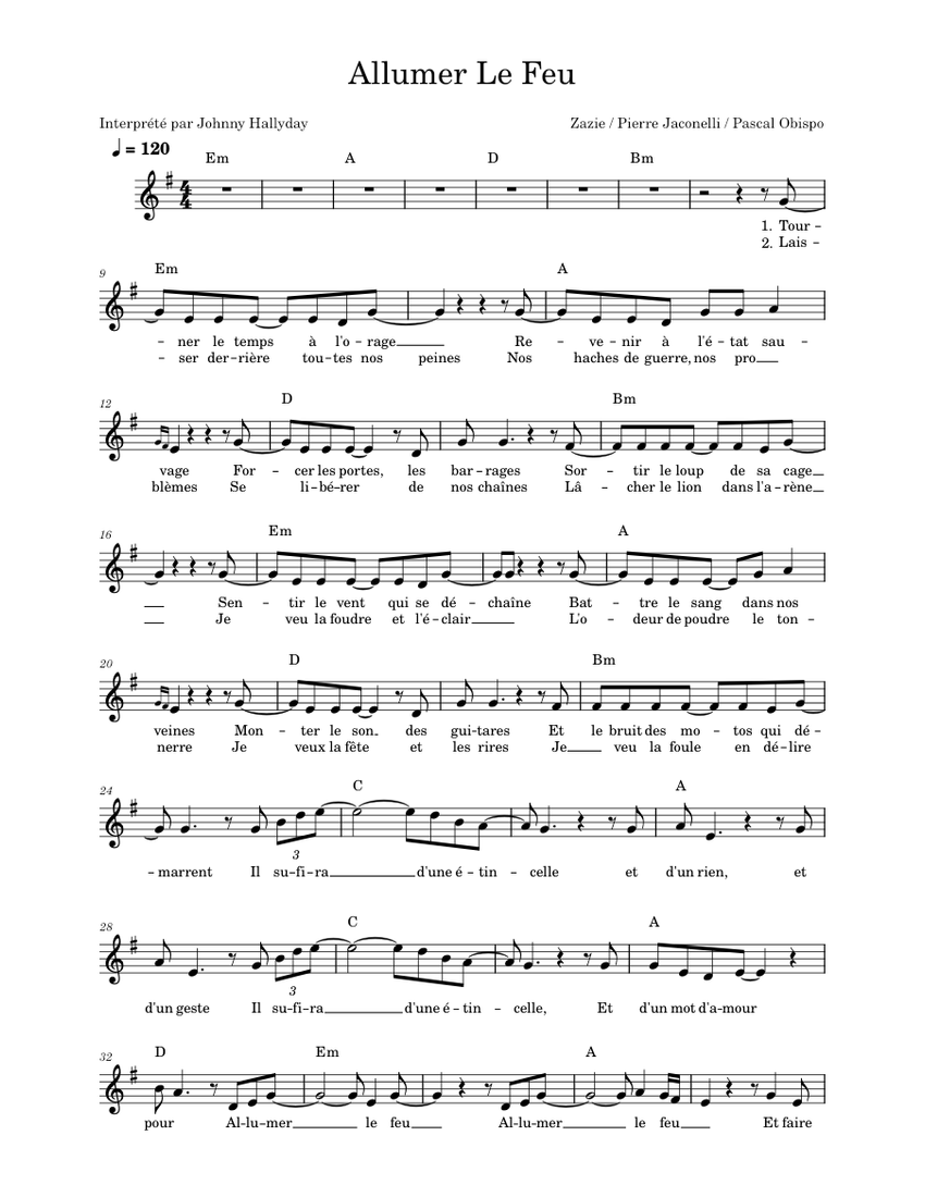 Allumer Le Feu – Johnny Hallyday Sheet music for Piano (Solo) | Musescore.com