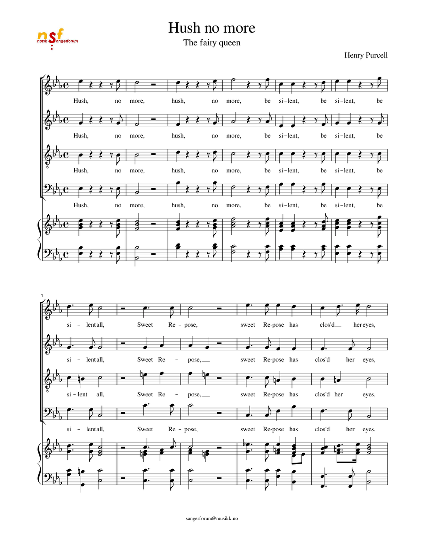Hush no more SATB Purcell Sheet Music for Soprano, Alto, Tenor, Bass ...