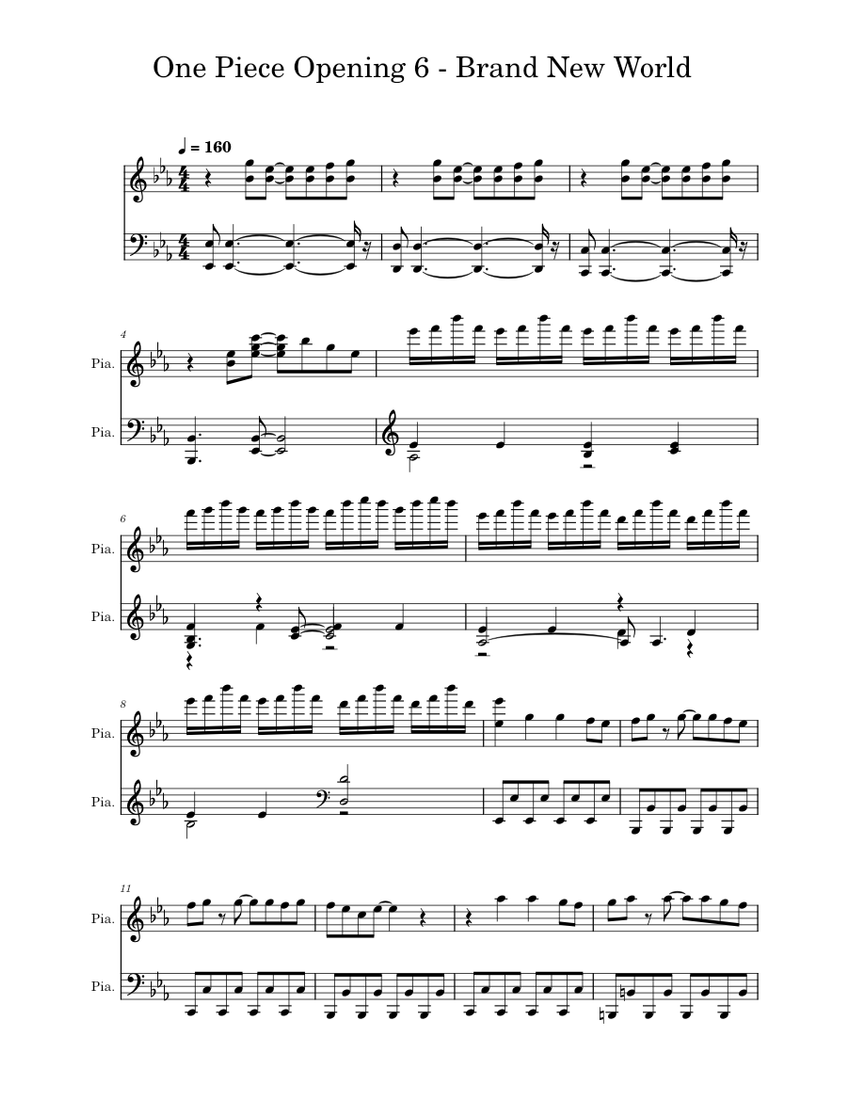 One Piece Opening 6 - Brand New World Sheet music for Piano (Solo ...