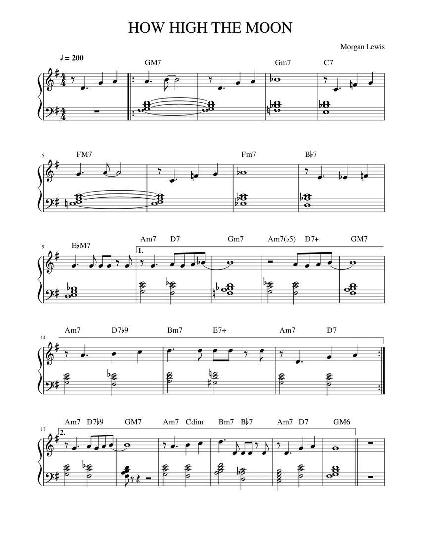 HOW HIGH THE MOON Sheet Music with Chords for Piano (Solo) easy ...