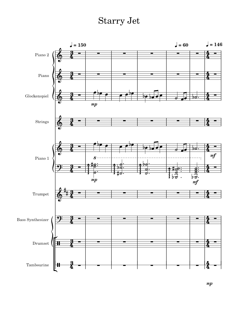 Starry Jet Sheet Music for Piano, Tambourine, Glockenspiel, Bass guitar ...