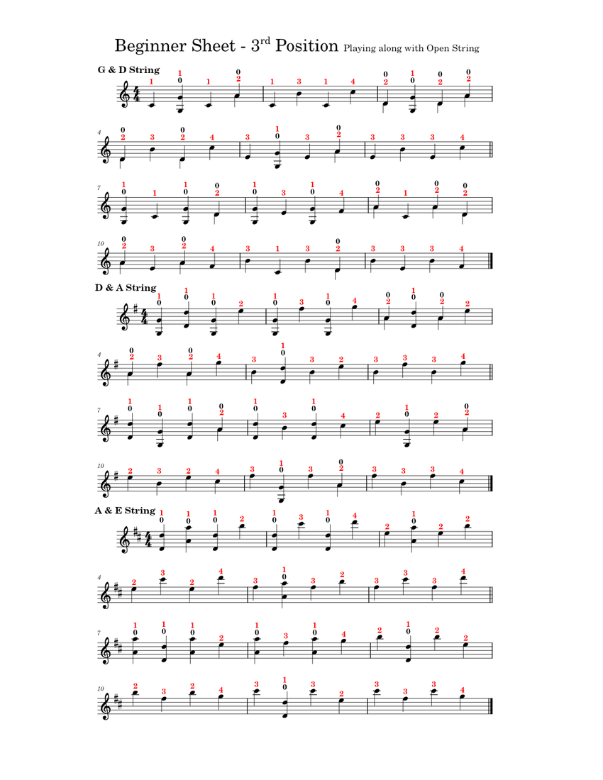 Beginner Sheet - 3rd Position Playing along with Open String Sheet ...