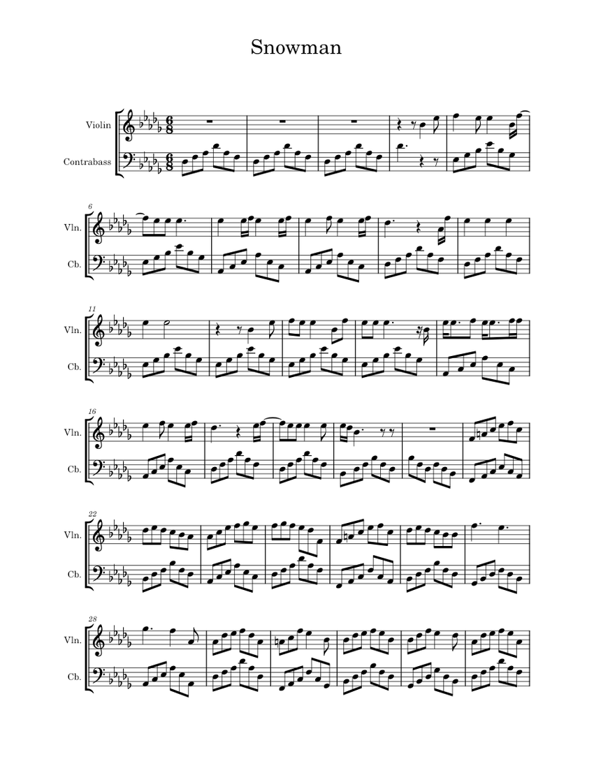 Snowman – Sia Snowman Sheet music for Contrabass, Violin (String Duet ...