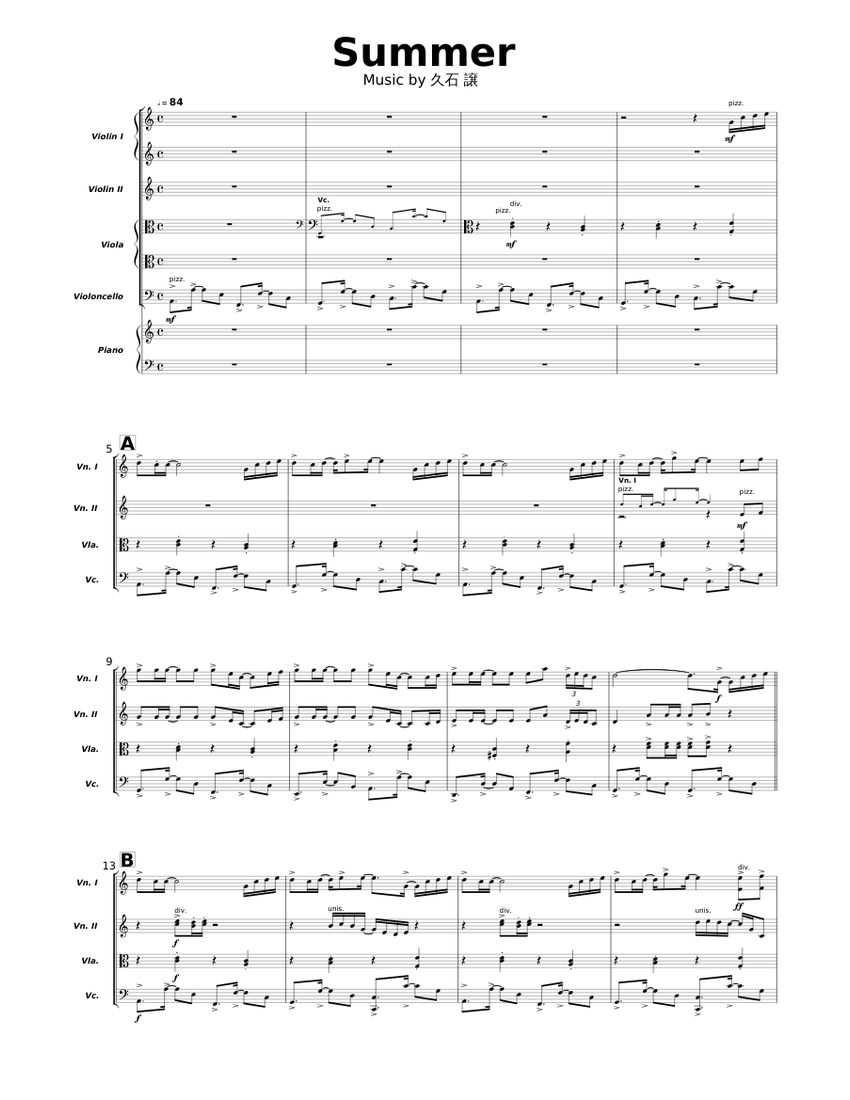 Summer Sheet Music for Piano, Violin, Viola, Cello (Piano Quintet ...