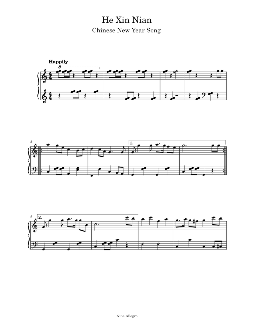 He Xin Nian Chinese New Year Song – Unknown Sheet Music for Piano (Solo ...