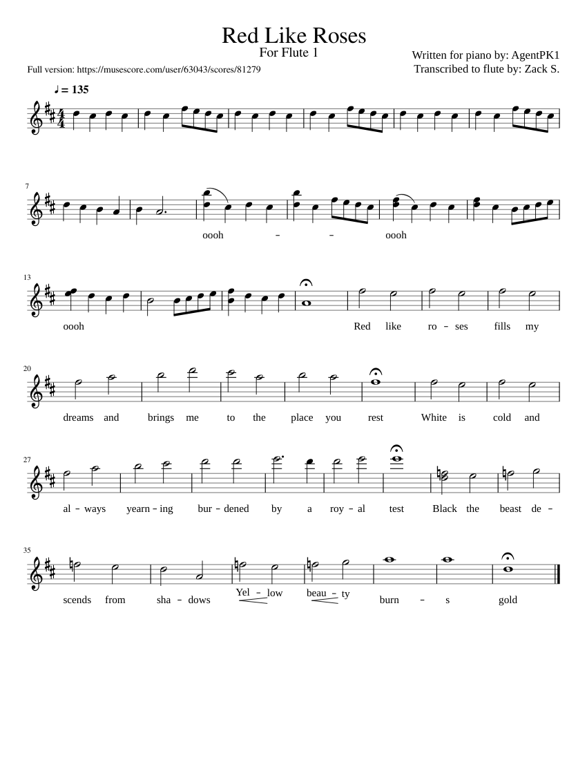 Red Like Roses Sheet music for Flute (Solo) | Musescore.com