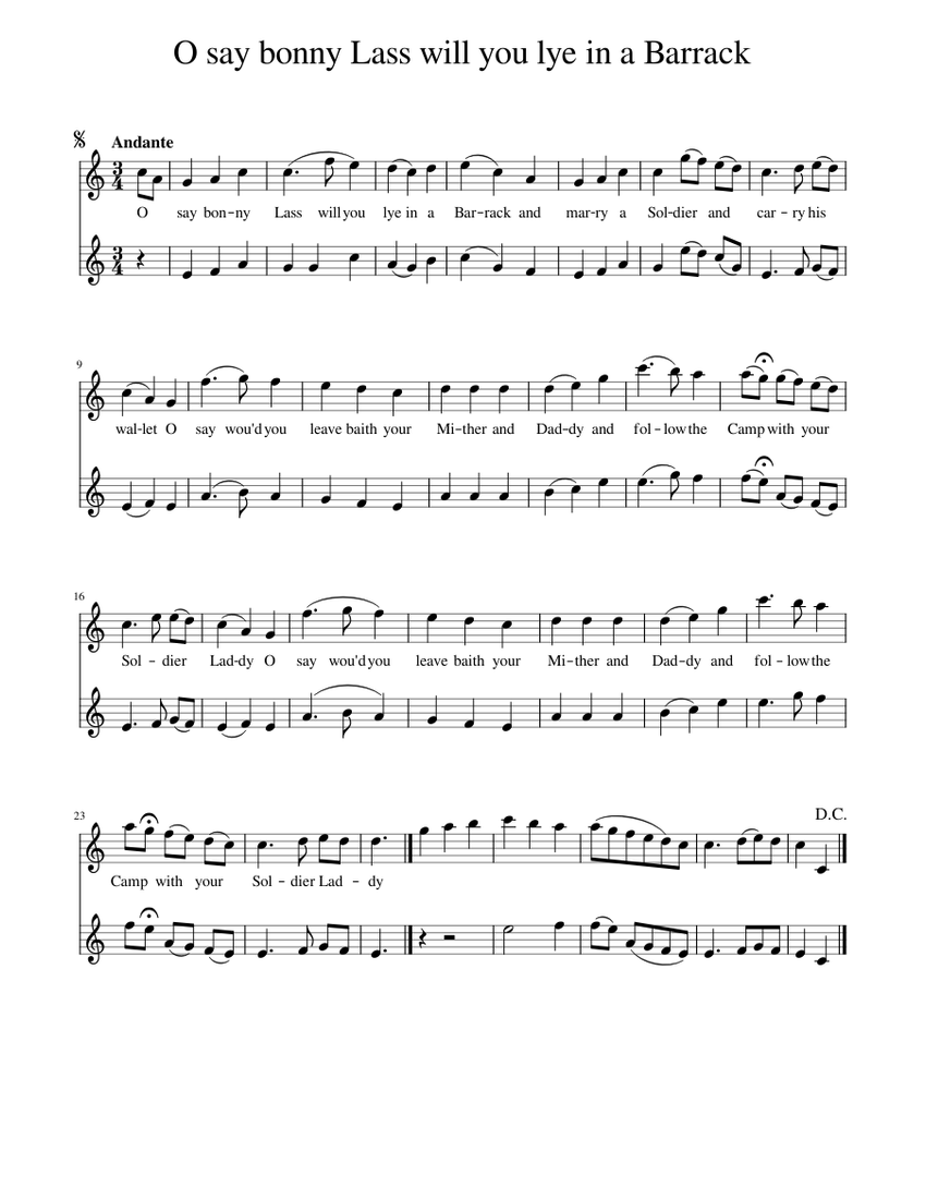 O say bonny Lass will you lye in a Barrack Sheet music for Piano (Piano ...