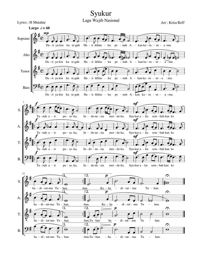 Syukur (H Mutahar) - Lagu Wajib Nasional - SATB Sheet Music for Soprano ...