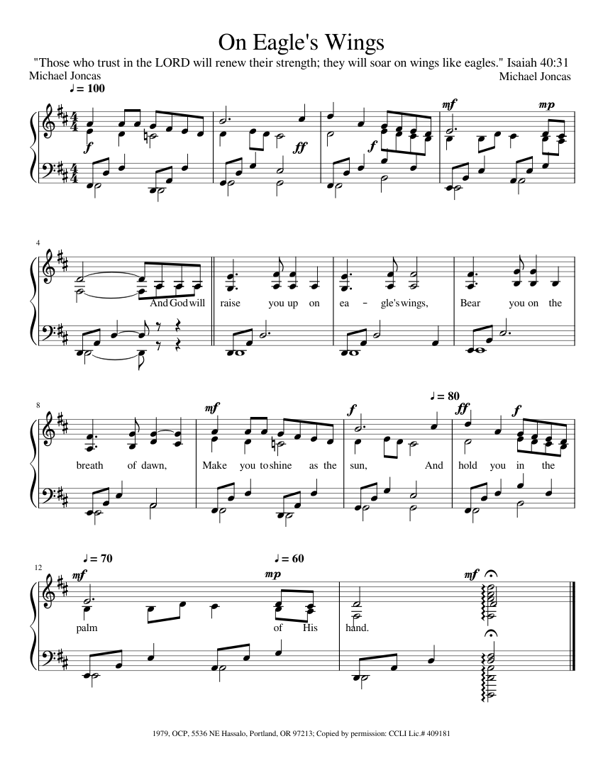 On Eagle's Wings Sheet Music for Piano (Solo) Easy | MuseScore.com