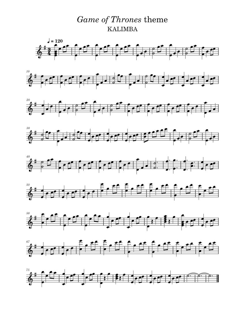 Game of Thrones theme for kalimba Sheet music for Kalimba (Solo ...