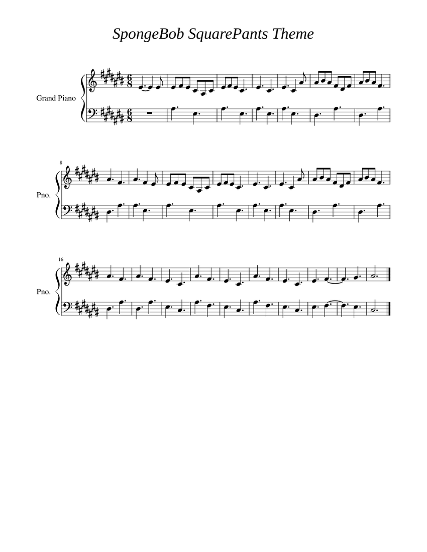 SpongeBob SquarePants Theme but in Minor Key Sheet Music for Piano ...