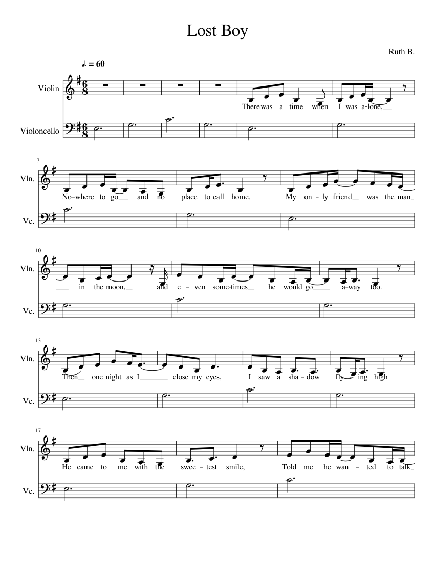 Lost Boy - Ruth B Sheet Music with Chords for Piano, Violin, Cello ...