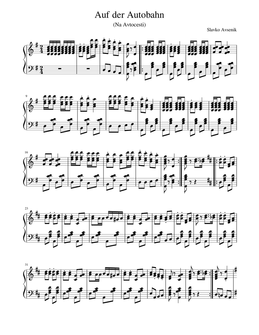 Auf der Autobahn - Slavko Avsenik Sheet Music for Piano (Solo ...
