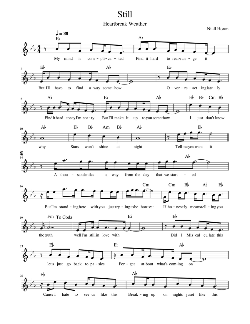 Still – Niall Horan (easy) Sheet Music with Chords for Piano (Solo ...