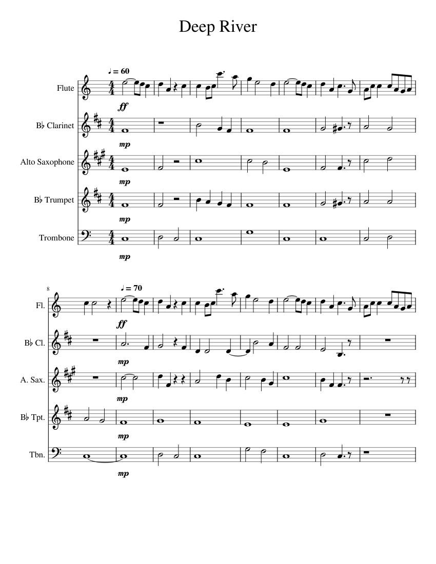 Deep River Sheet music for Trombone, Flute, Clarinet in b-flat ...