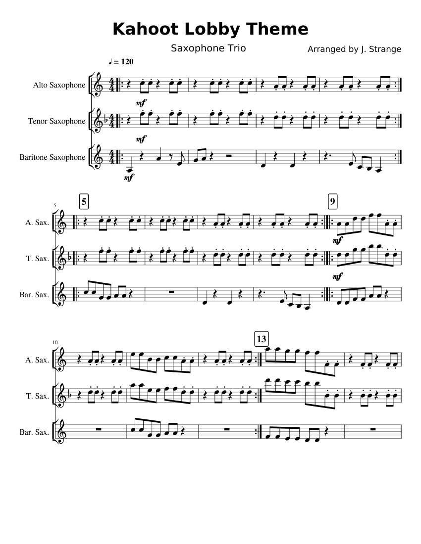Kahoot Lobby Music Trio Sheet Music for Saxophone alto, Saxophone tenor ...