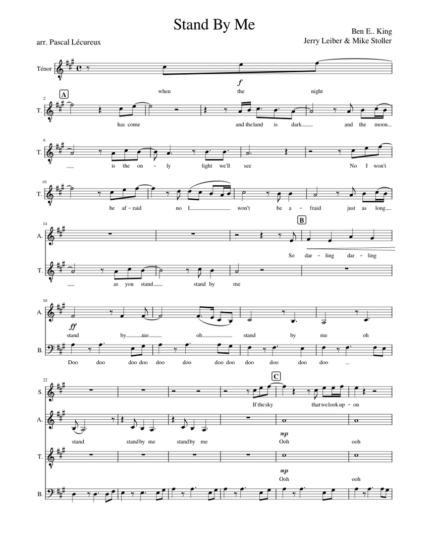 Stand by me – Ben E. King Sheet Music for Soprano, Alto, Tenor, Bass ...