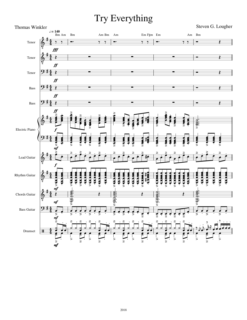Try Everything Sheet Music with Chords for Piano, Tenor, Bass voice ...