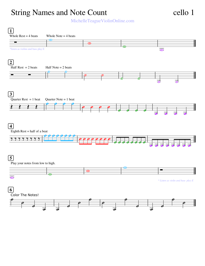 String Names and Note Count_ My Colorful Note Book_page 1 cello Sheet ...