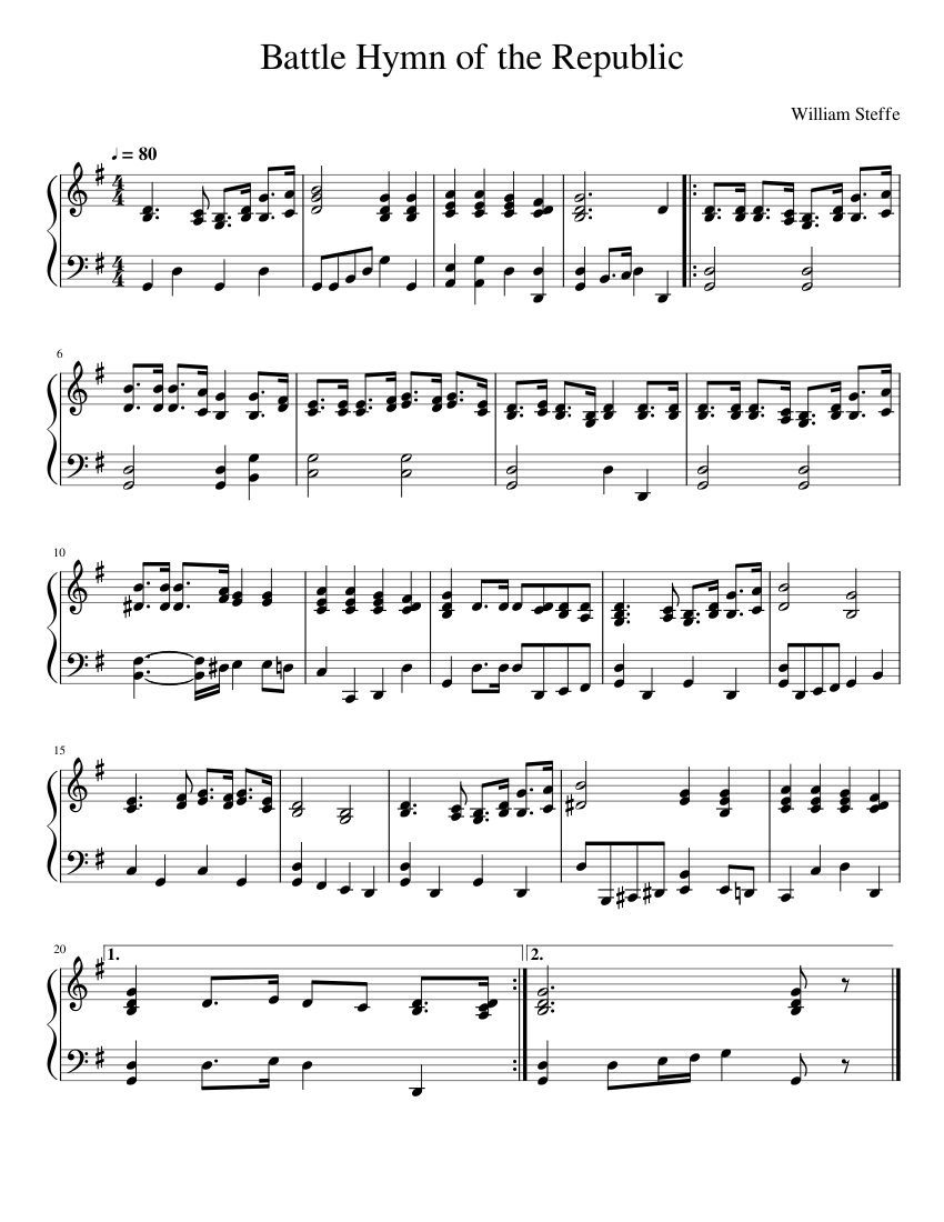 Battle Hymn of the Republic Sheet Music for Piano (Solo) Easy ...