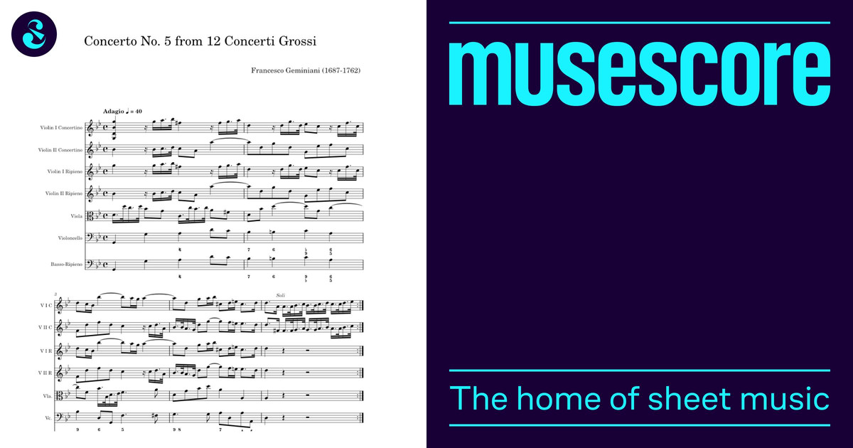 Concerto No. 5 from 12 Concerti Grossi - Francesco Geminiani Sheet Music for Violin, Viola ...