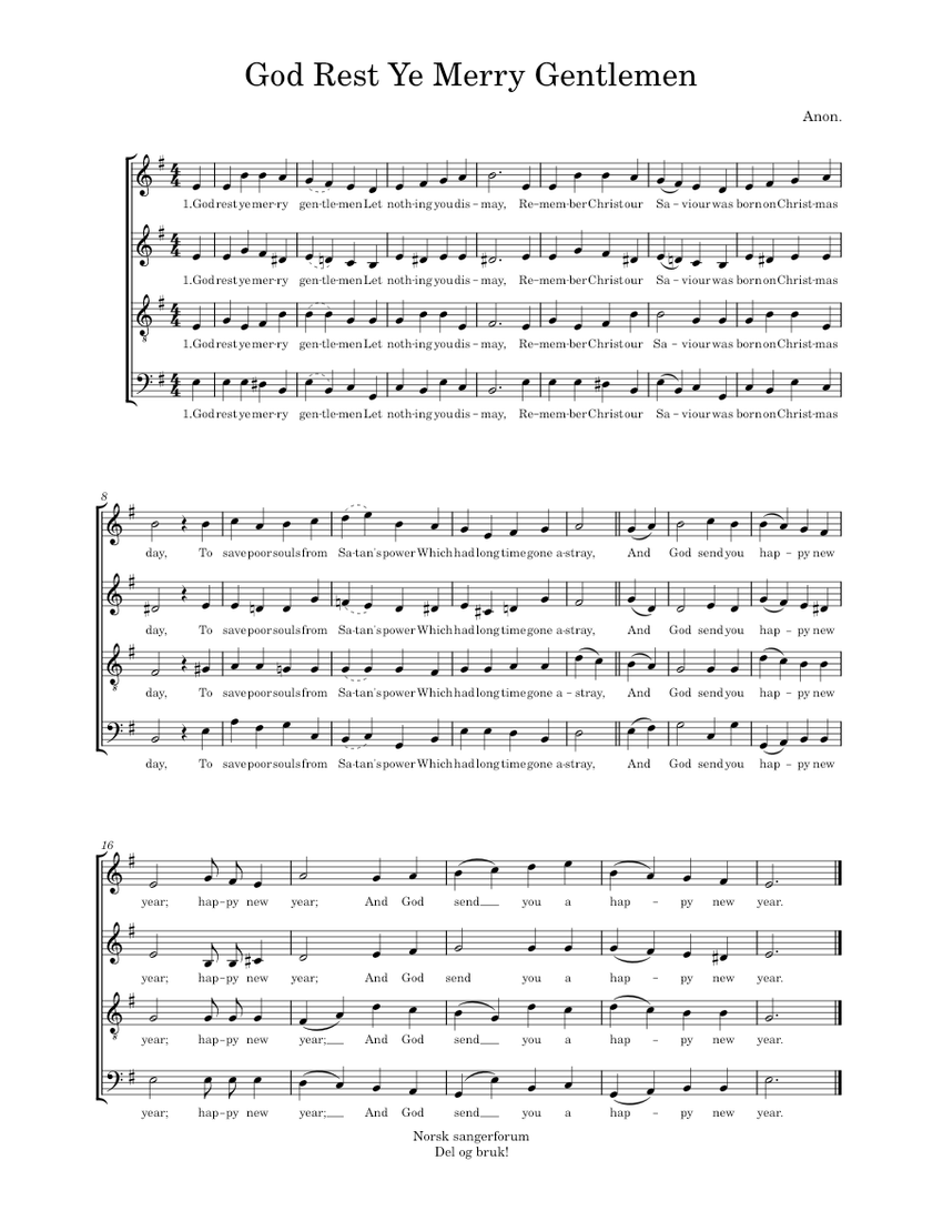 God Rest Ye Merry Gentlemen Sheet Music for Soprano, Alto, Tenor, Bass ...