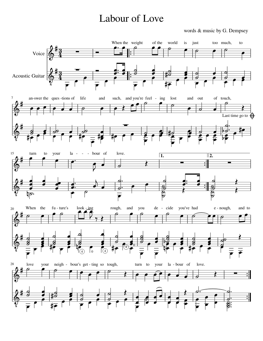 Labour of Love. song written by G.Dempsey Sheet Music for Vocals ...
