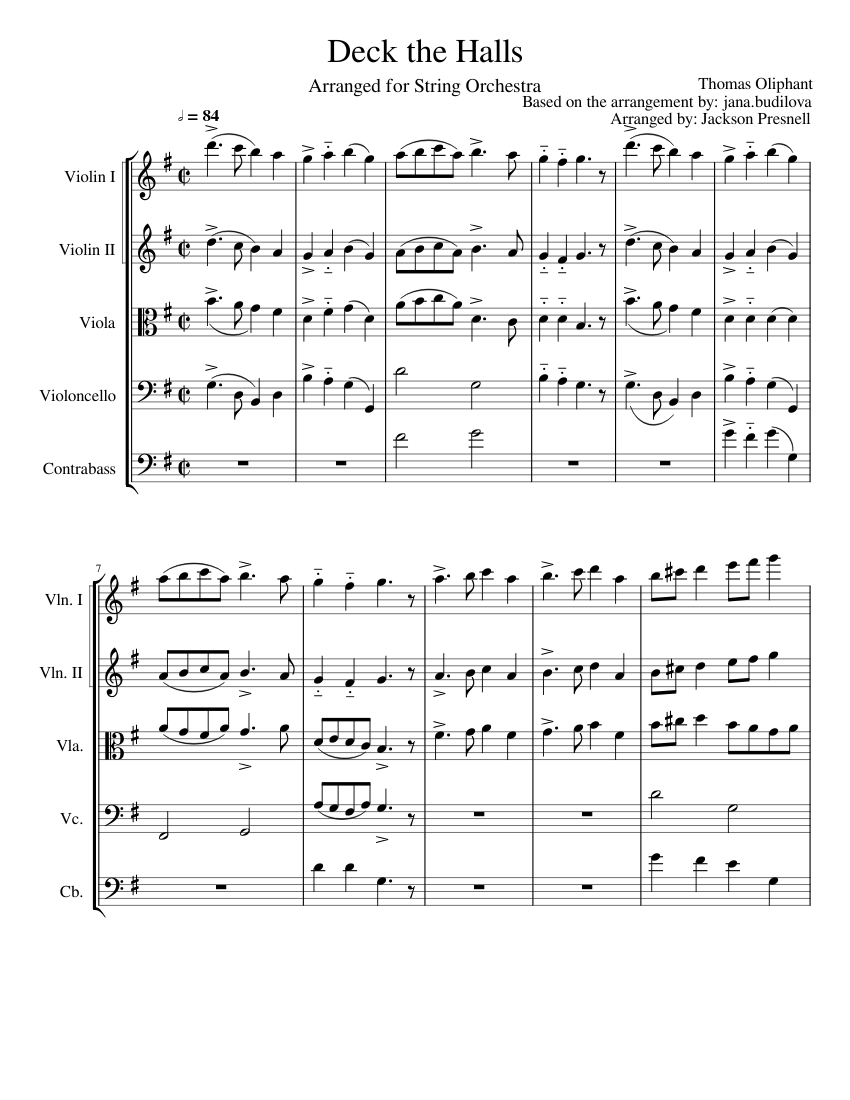 Deck the Halls Sheet Music for Contrabass, Violin, Viola, Cello (String ...