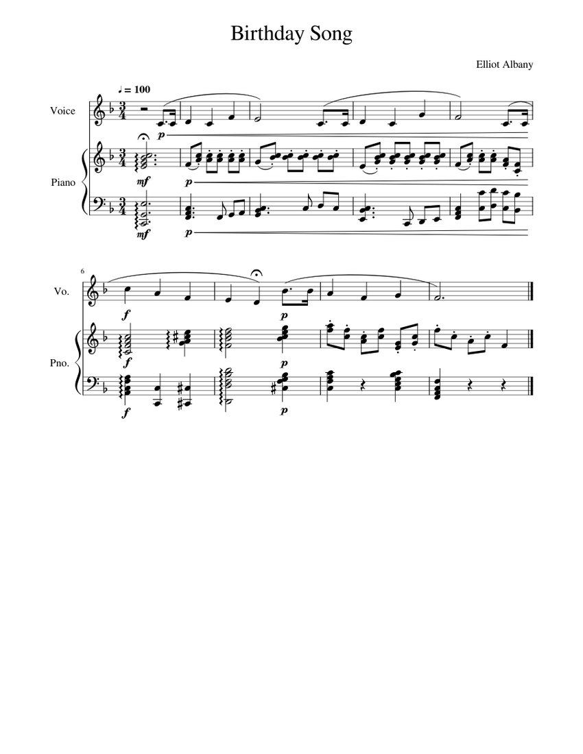 Birthday Song Sheet Music for Piano, Vocals (Piano-Voice) | MuseScore.com