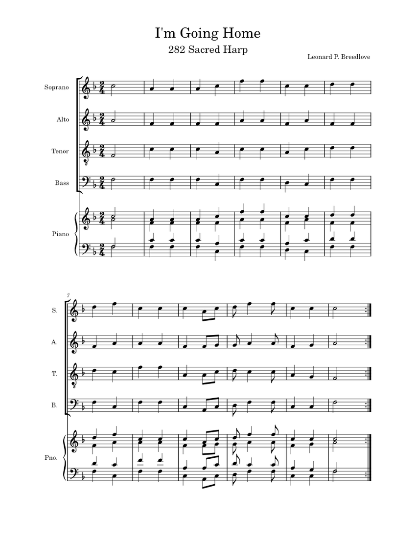 I'm Going Home - Sacred Harp 282 Sheet Music for Piano, Soprano, Alto ...